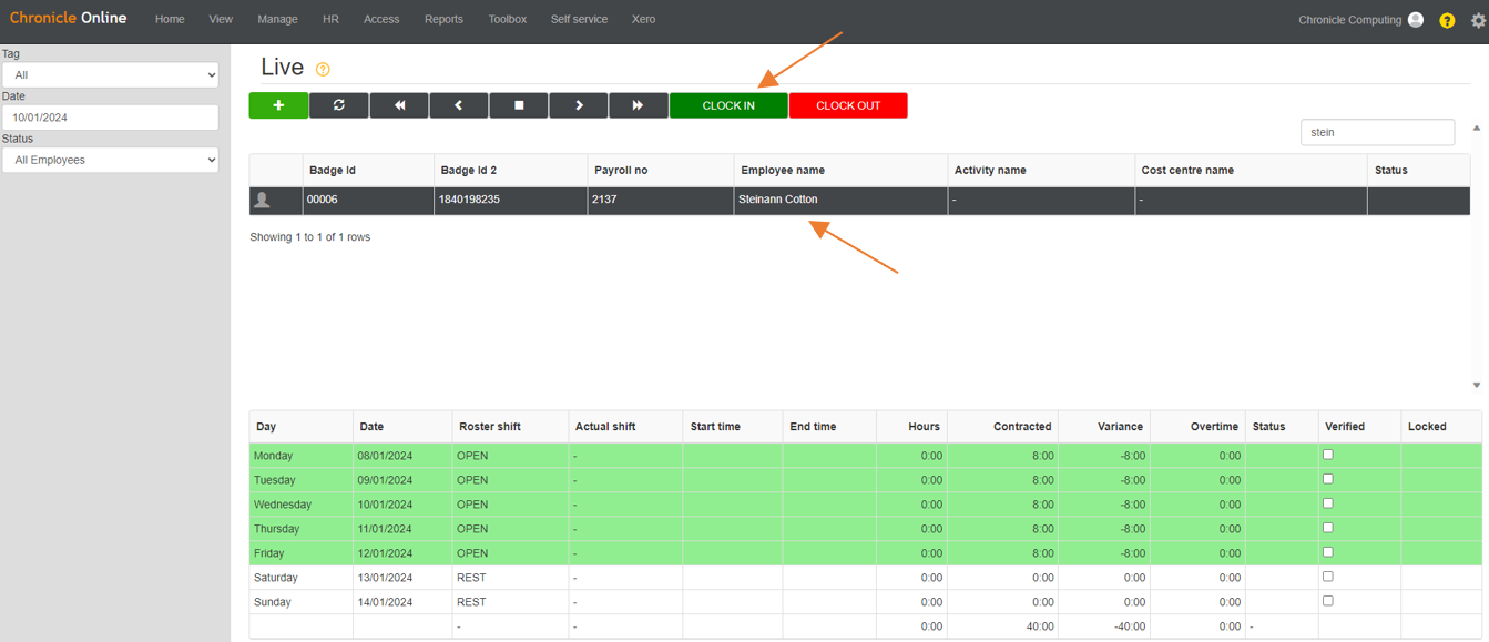Manual Clock IN and Clock OUT on the Live data screen – Chronicle Computing