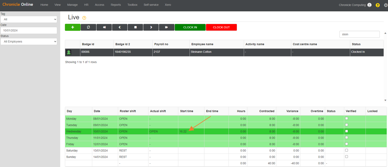 Manual Clock IN and Clock OUT on the Live data screen – Chronicle Computing