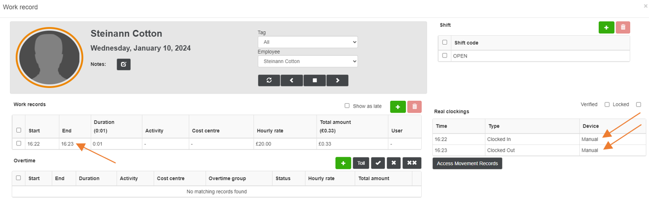 Manual Clock IN and Clock OUT on the Live data screen – Chronicle Computing