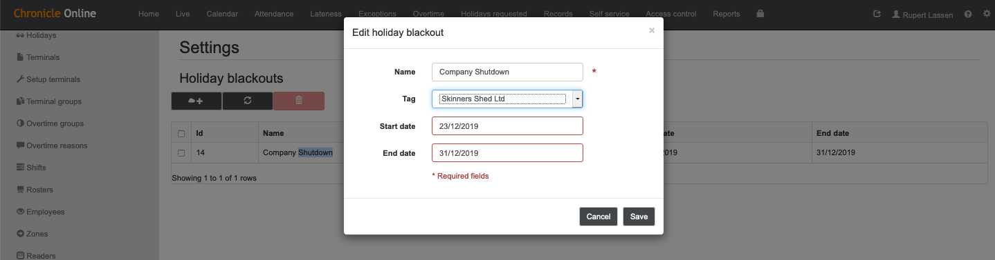 Holiday Blackouts – Chronicle Computing